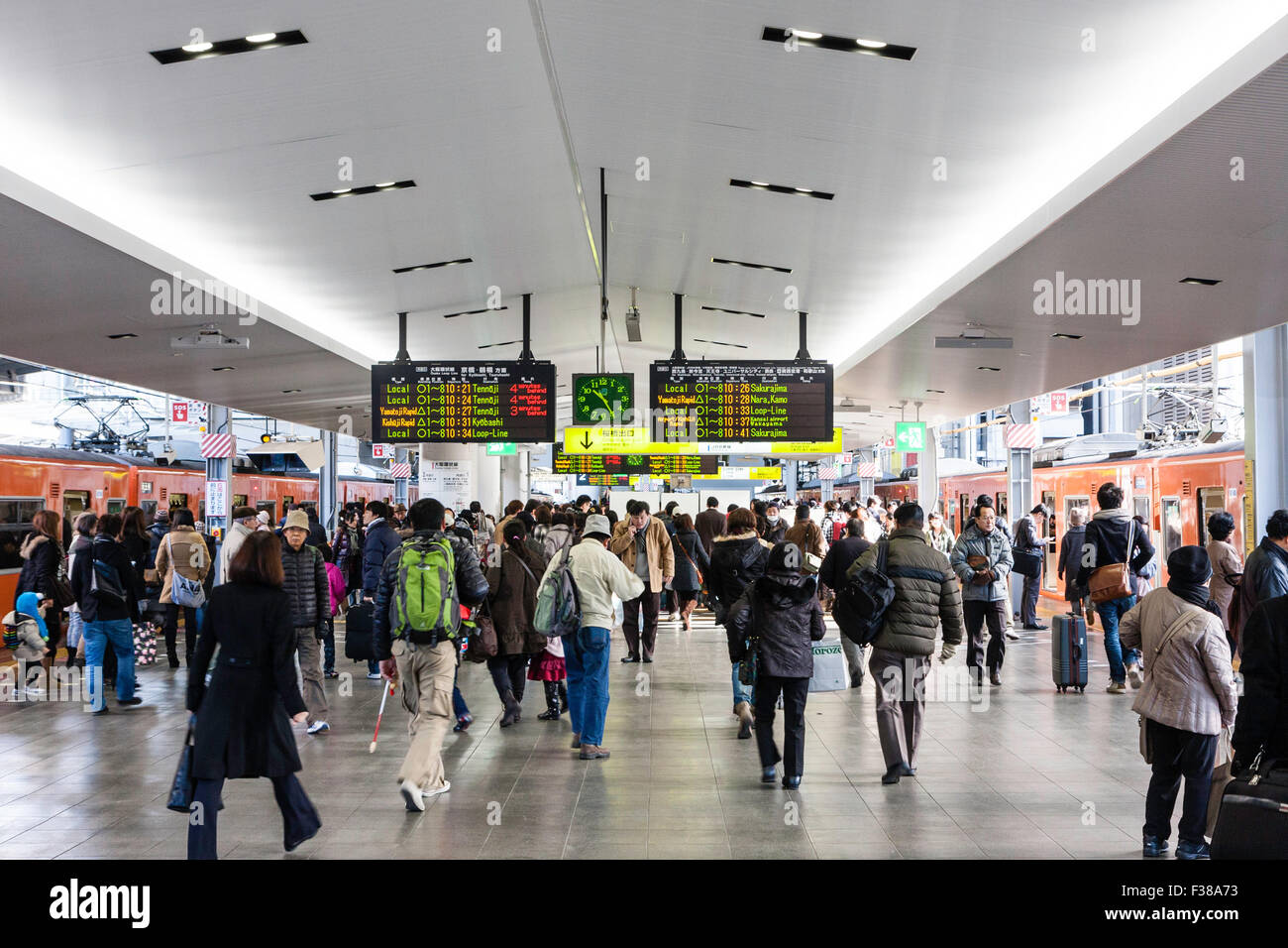 JR Osaka Station City platform for the Osaka Loop trains. View along ...