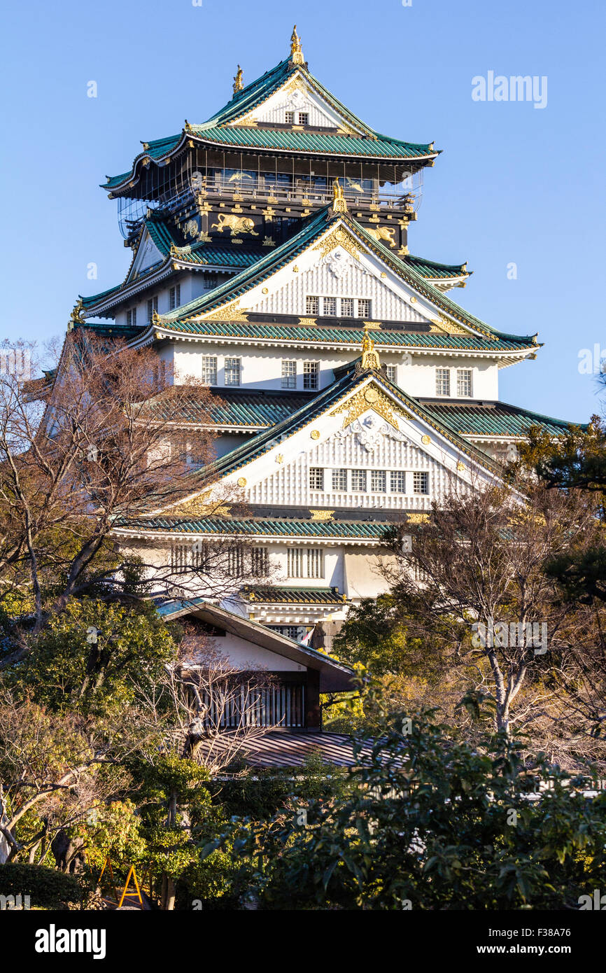 The reconstructed Osaka castle keep, tenshu. A Borogata style keep with ...