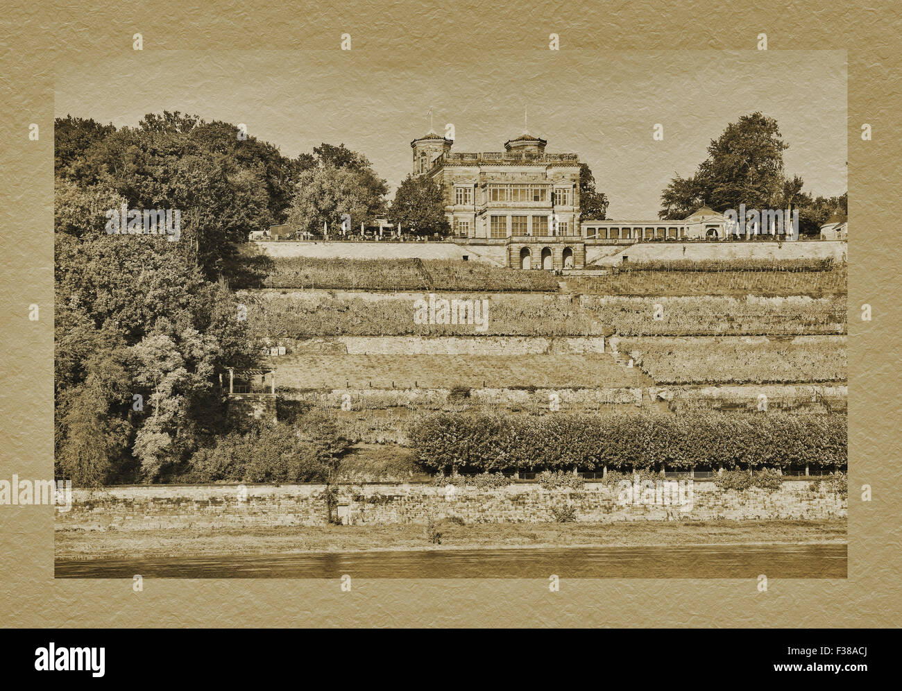 View over Elbe river to Lingnerschloss Castle built from 1850 to 1853 ...