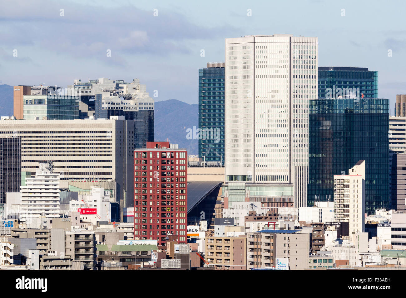 High rise buildings in the commercial district of Osaka city. Various ...