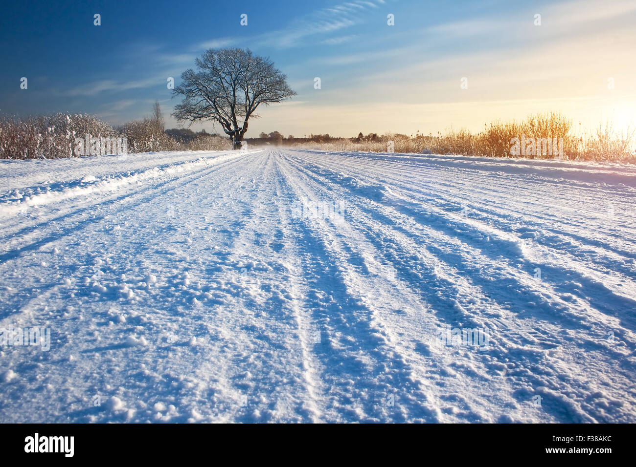 Winter road at sunrise Stock Photo - Alamy