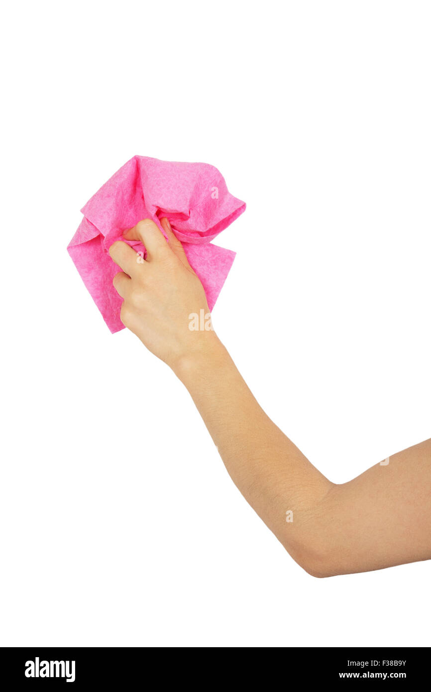 Female hand dusting pink rag isolated on white background Stock Photo ...