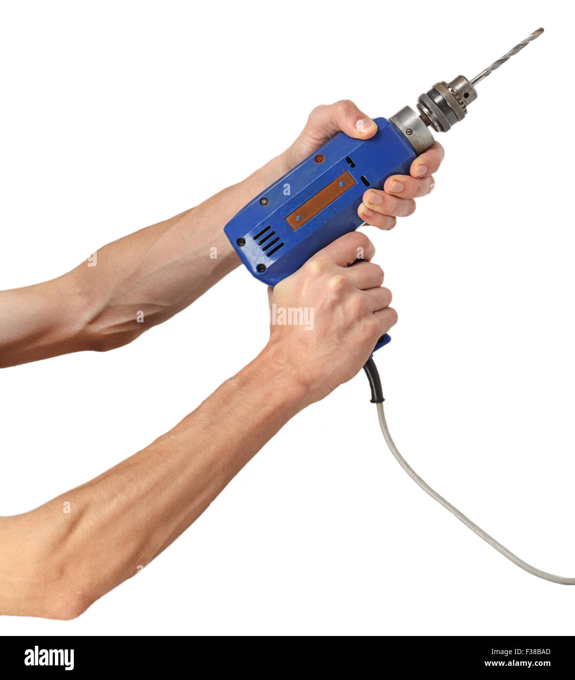 Man's hands holds a blue drill isolated on white background Stock Photo ...