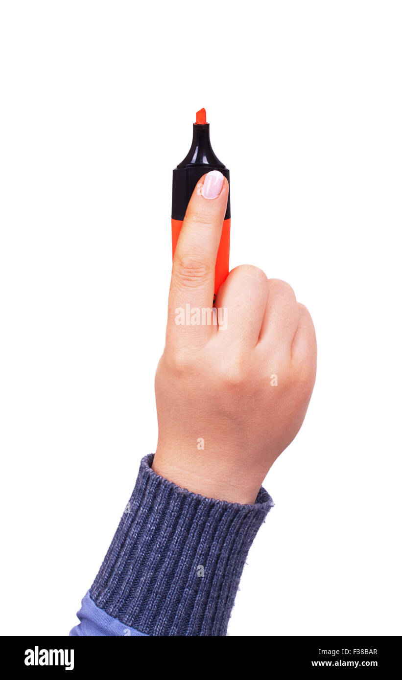 female hand holding a marker isolated on white background Stock Photo ...