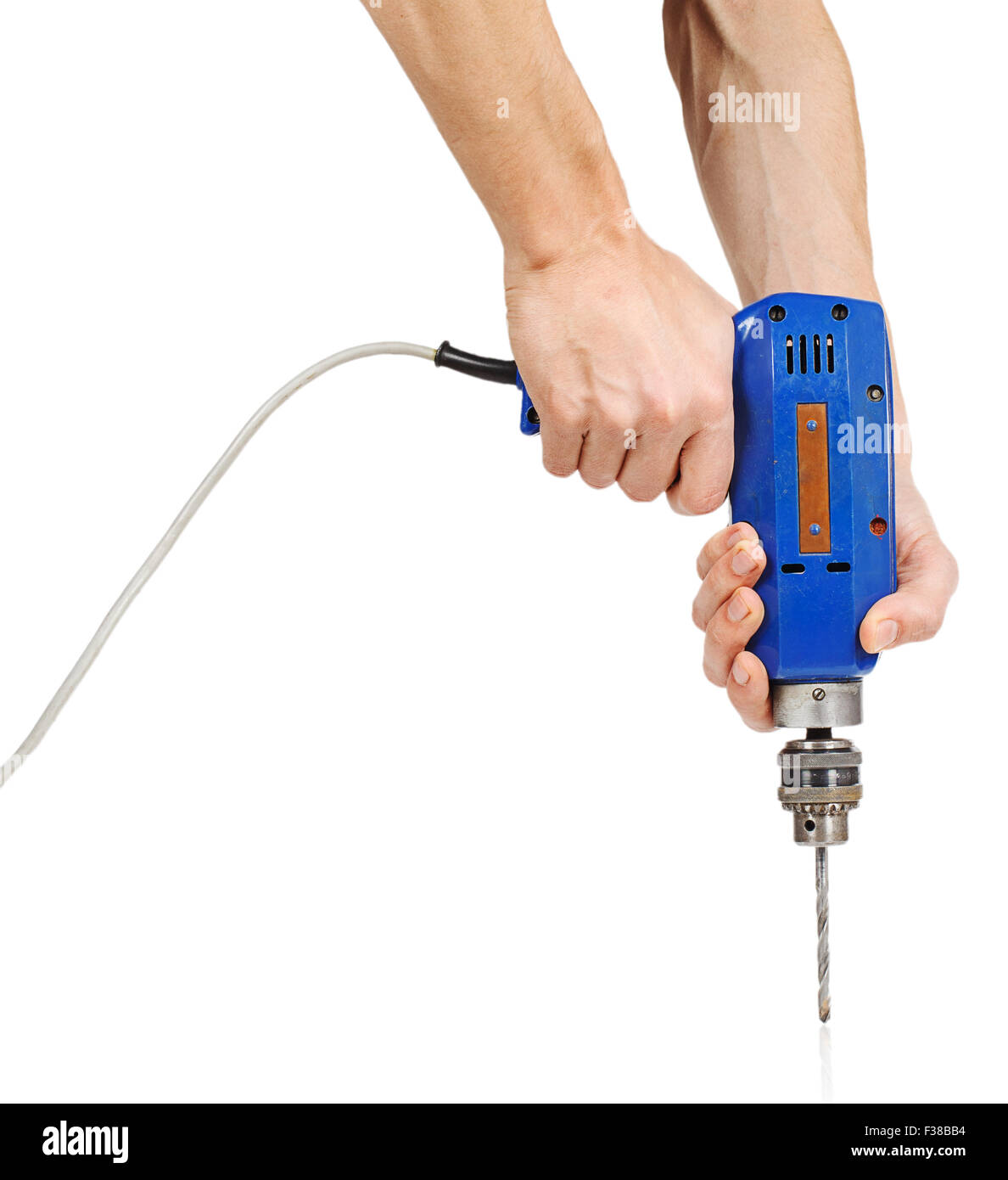Man's hands holds a blue drill isolated on white background Stock Photo ...