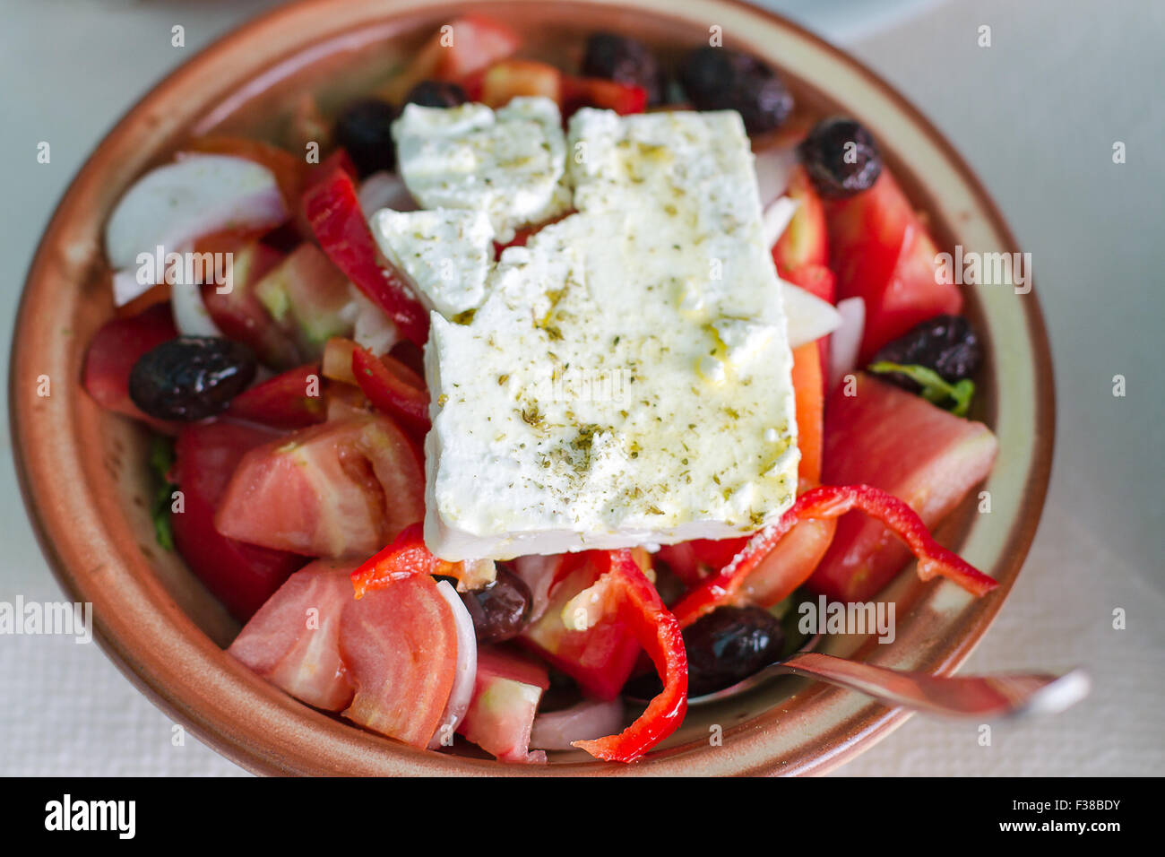 Greek salad with feta cheese, top view Stock Photo - Alamy