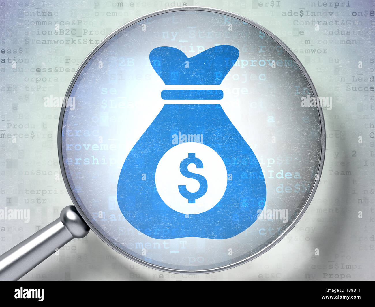 Business concept: Money Bag with optical glass on digital background ...
