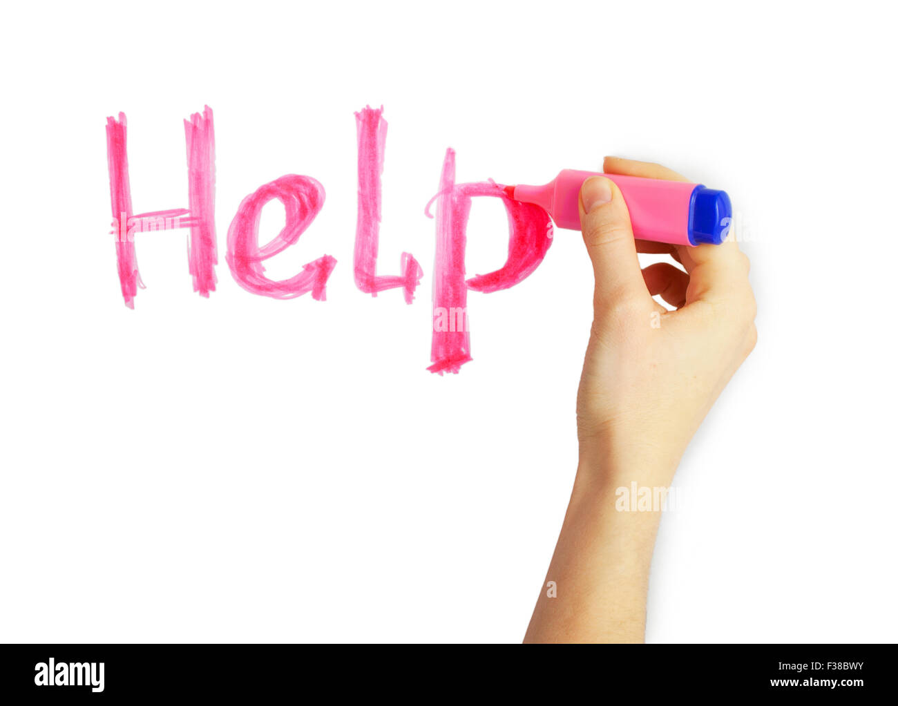 Female hand writing the word "Help" with pink marker on a white ...