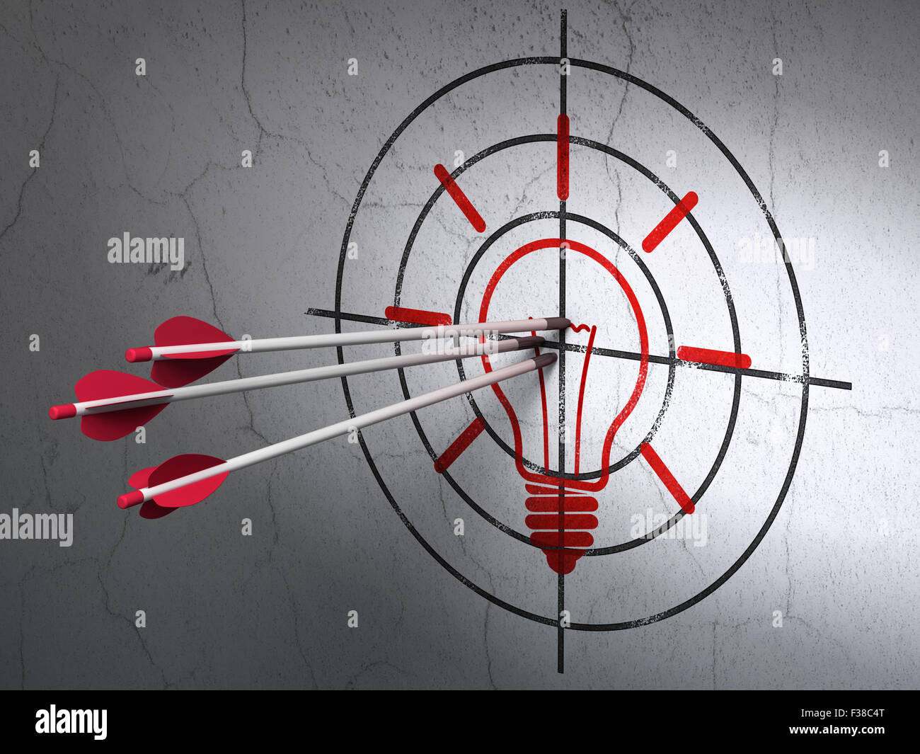 Finance concept: arrows in Light Bulb target on wall background Stock ...