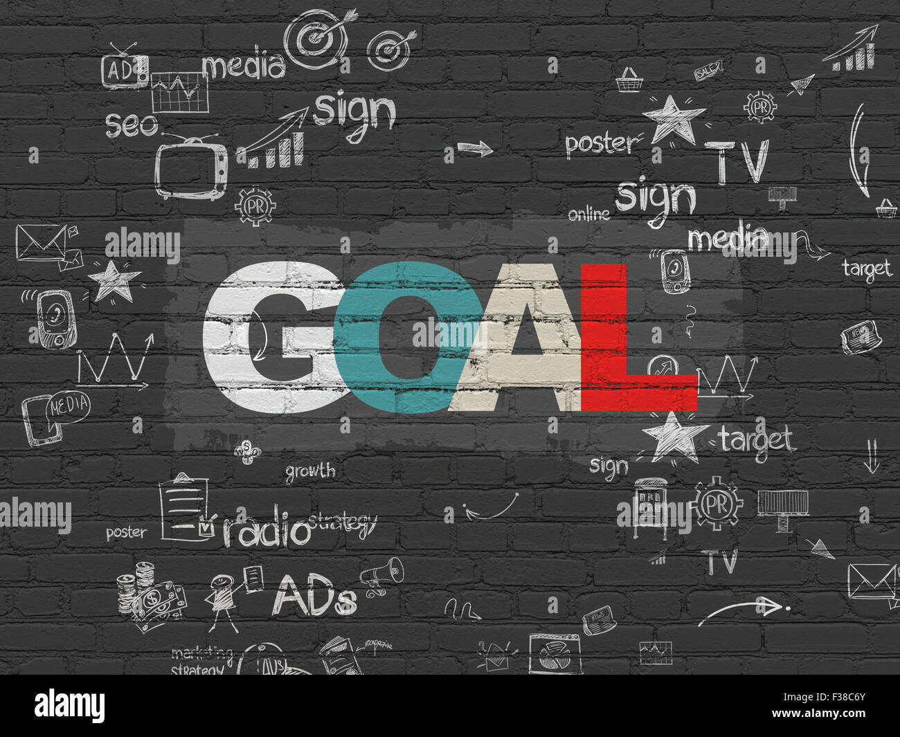 Advertising concept: Goal on wall background Stock Photo - Alamy