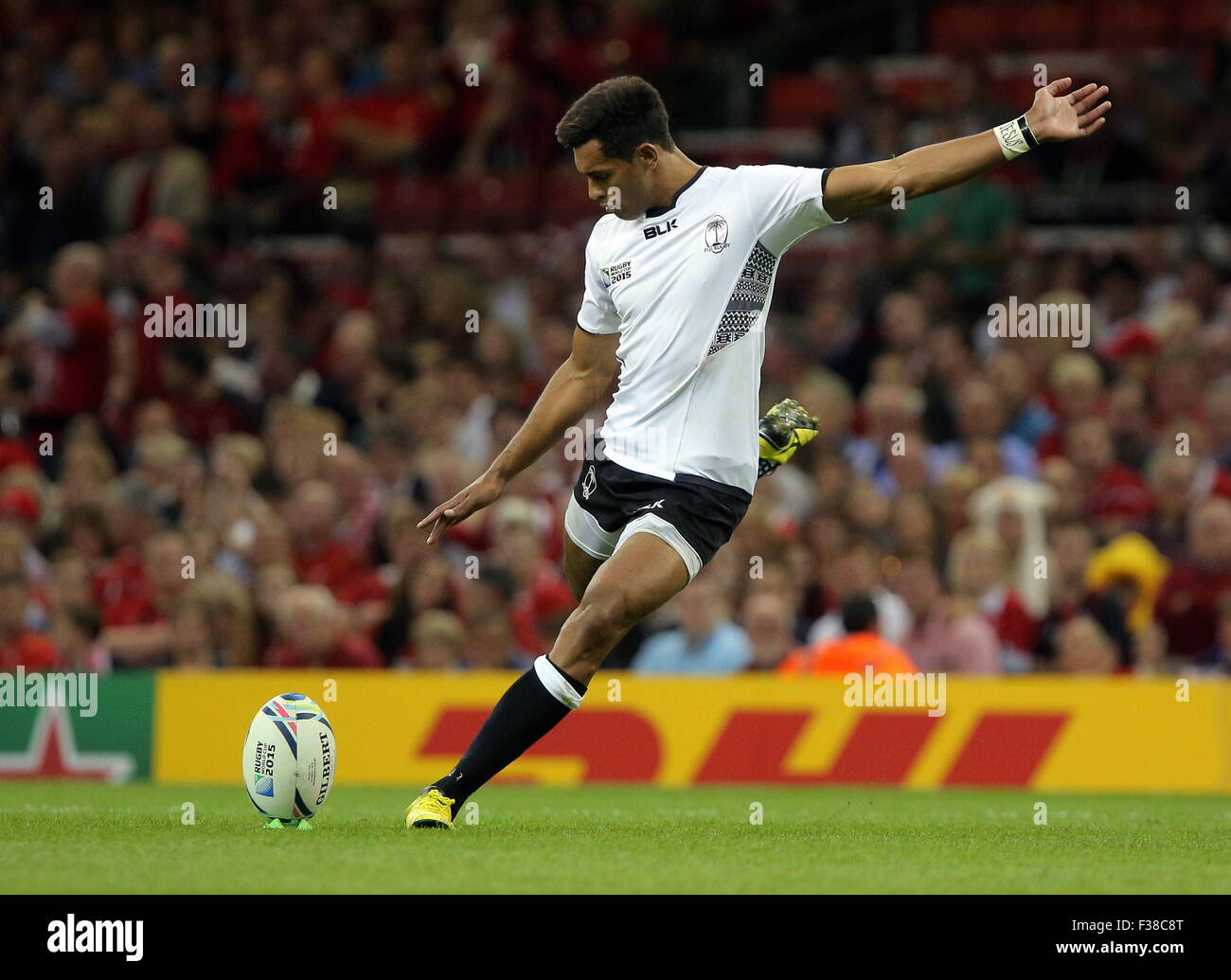 Cardiff, UK. Thursday 01 October 2015 Ben Volavola of Fiji prepares ...
