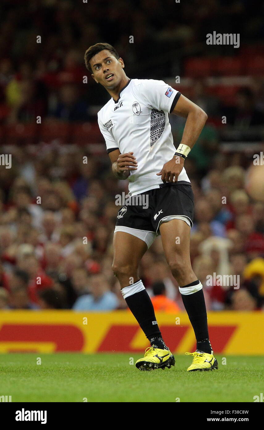 Cardiff, UK. Thursday 01 October 2015 Ben Volavola of Fiji prepares ...