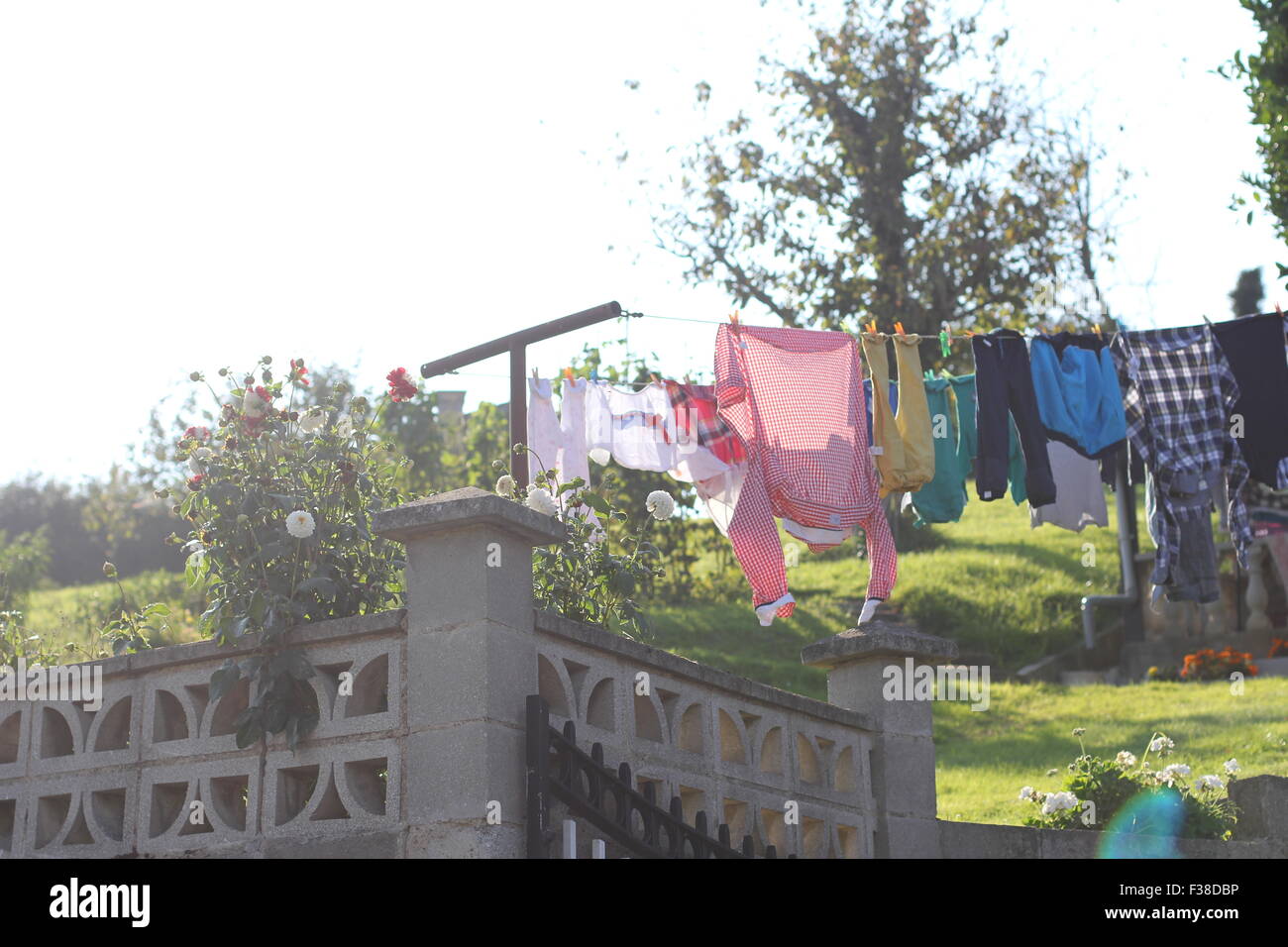 Clothes are hanging on a clothesline Stock Photo - Alamy