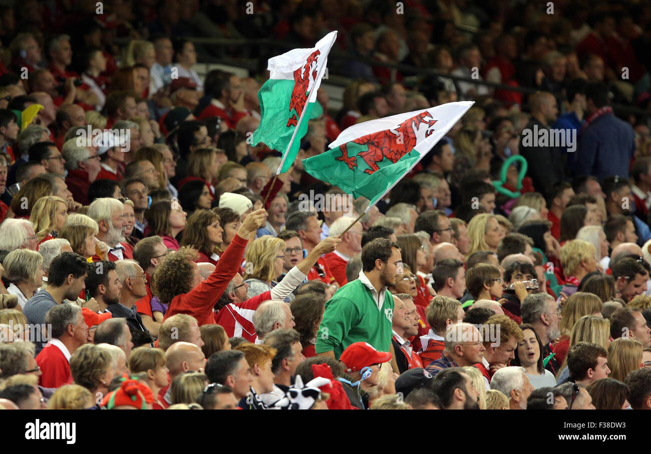 Cardiff, UK. Thursday 01 October 2015 Wales supporters waving welsh ...