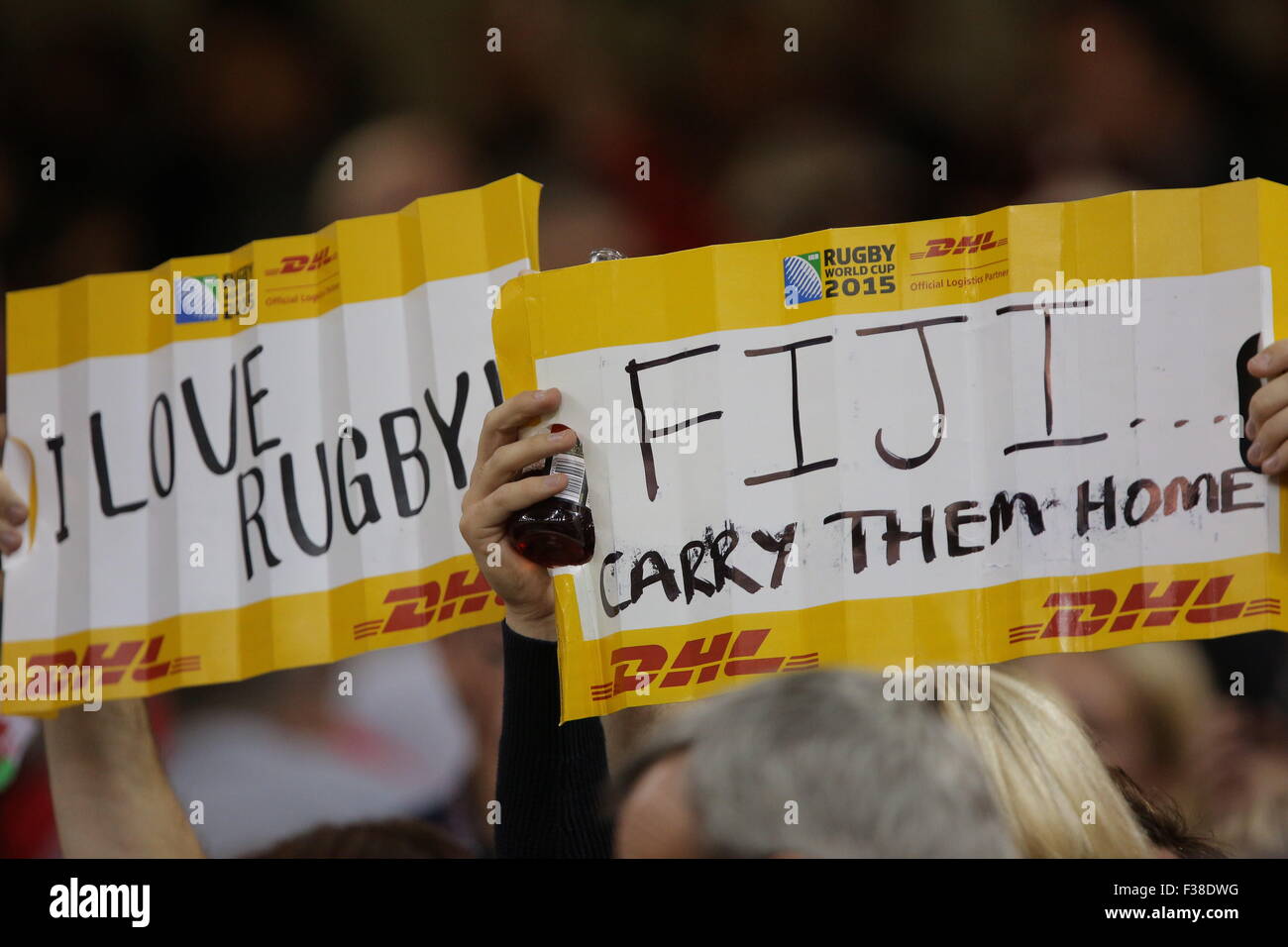 Cardiff, UK. Thursday 01 October 2015 "I love rugby" and "Fiji carry ...