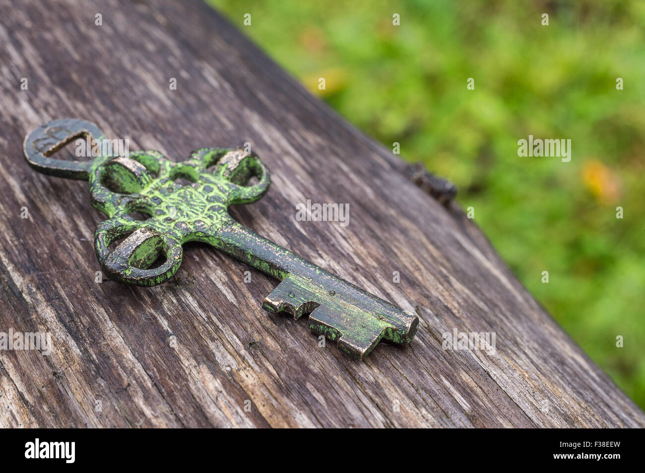 Old treasure key on wooden log Stock Photo - Alamy