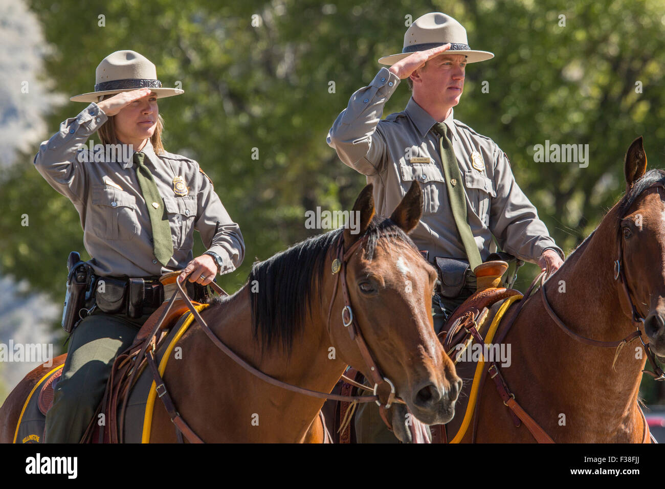 National Park rangers on horseback salute August 9, 2015 in Yellowstone ...