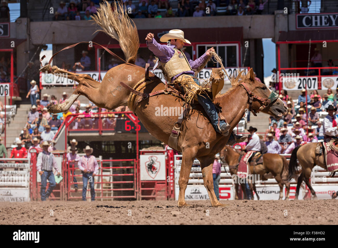 A bronco rider hangs on during Bareback Riding at the Cheyenne Frontier ...