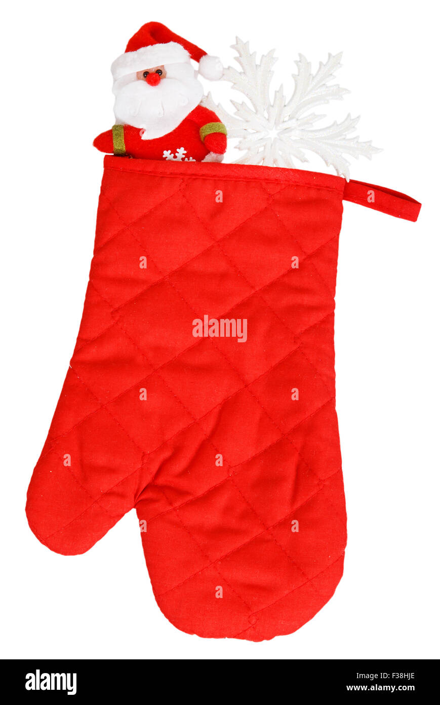 Santa Claus and white snowflake in red heat protective mitten isolated ...