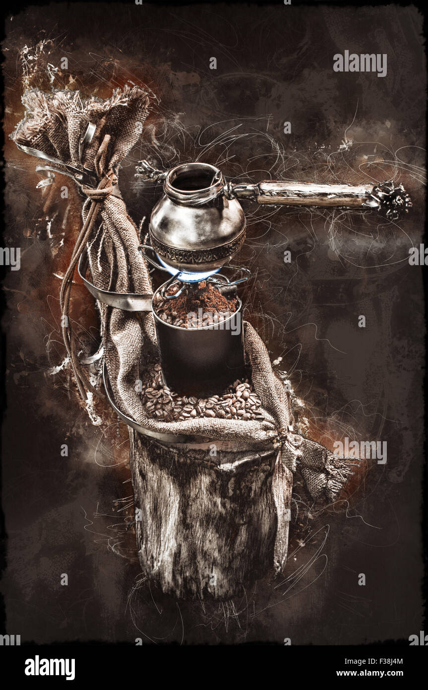 still life with a coffee pot on the fire Stock Photo - Alamy