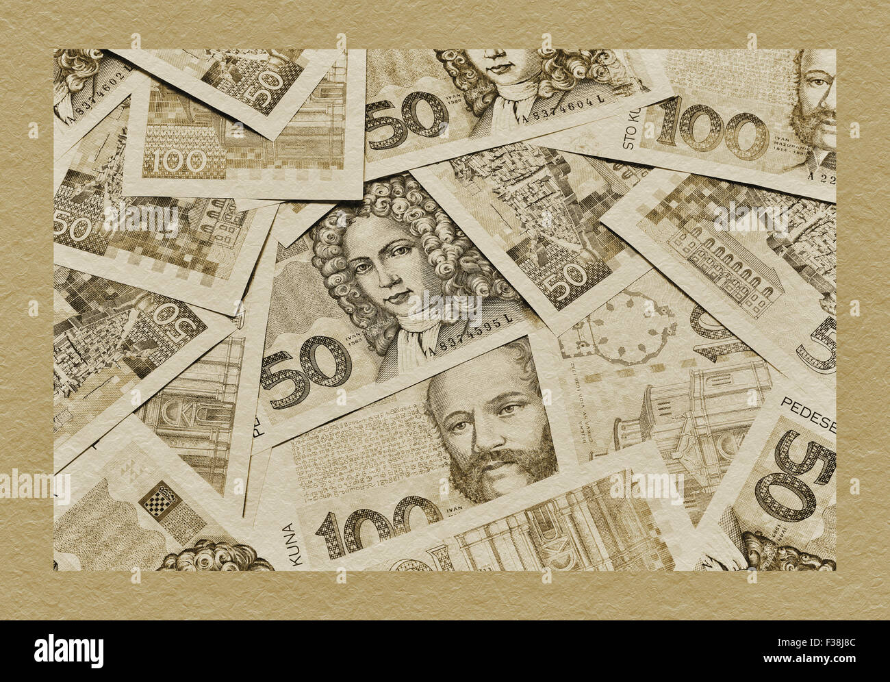 50 Kunan und 100 Kuna Banknoten liegen nebeneinander. Die Banknoten ...