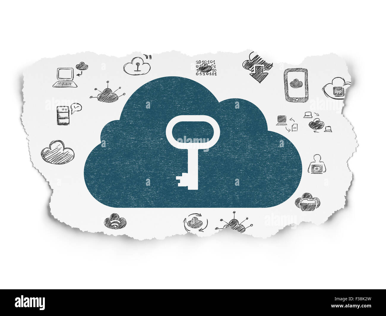 Cloud technology concept: Cloud With Key on Torn Paper background Stock ...