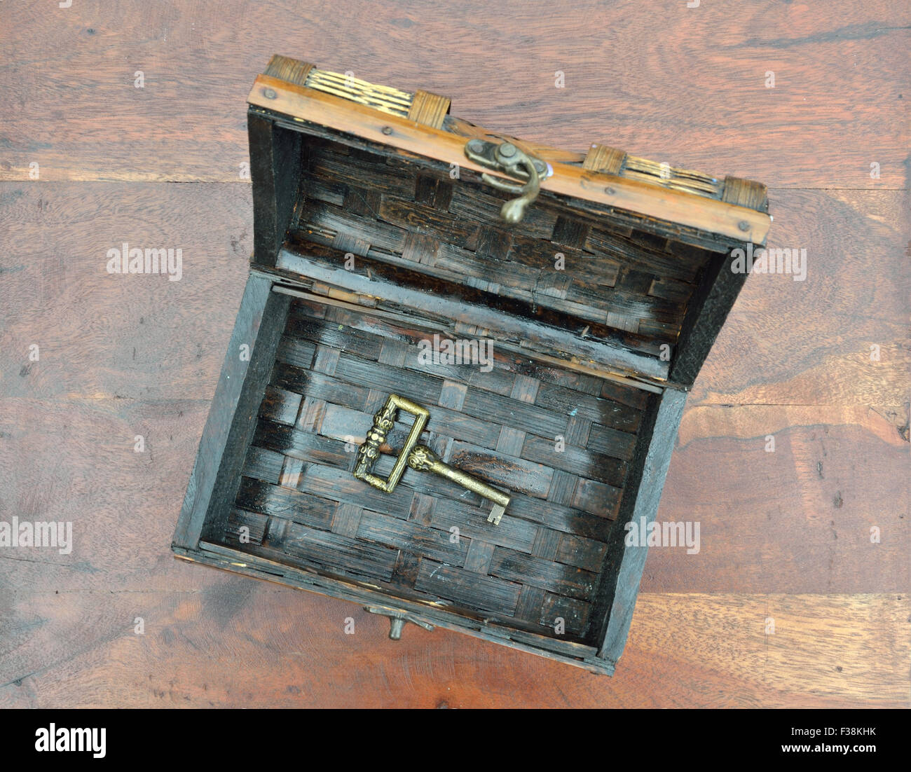 Vintage key in small wooden chest on teak surface Stock Photo - Alamy