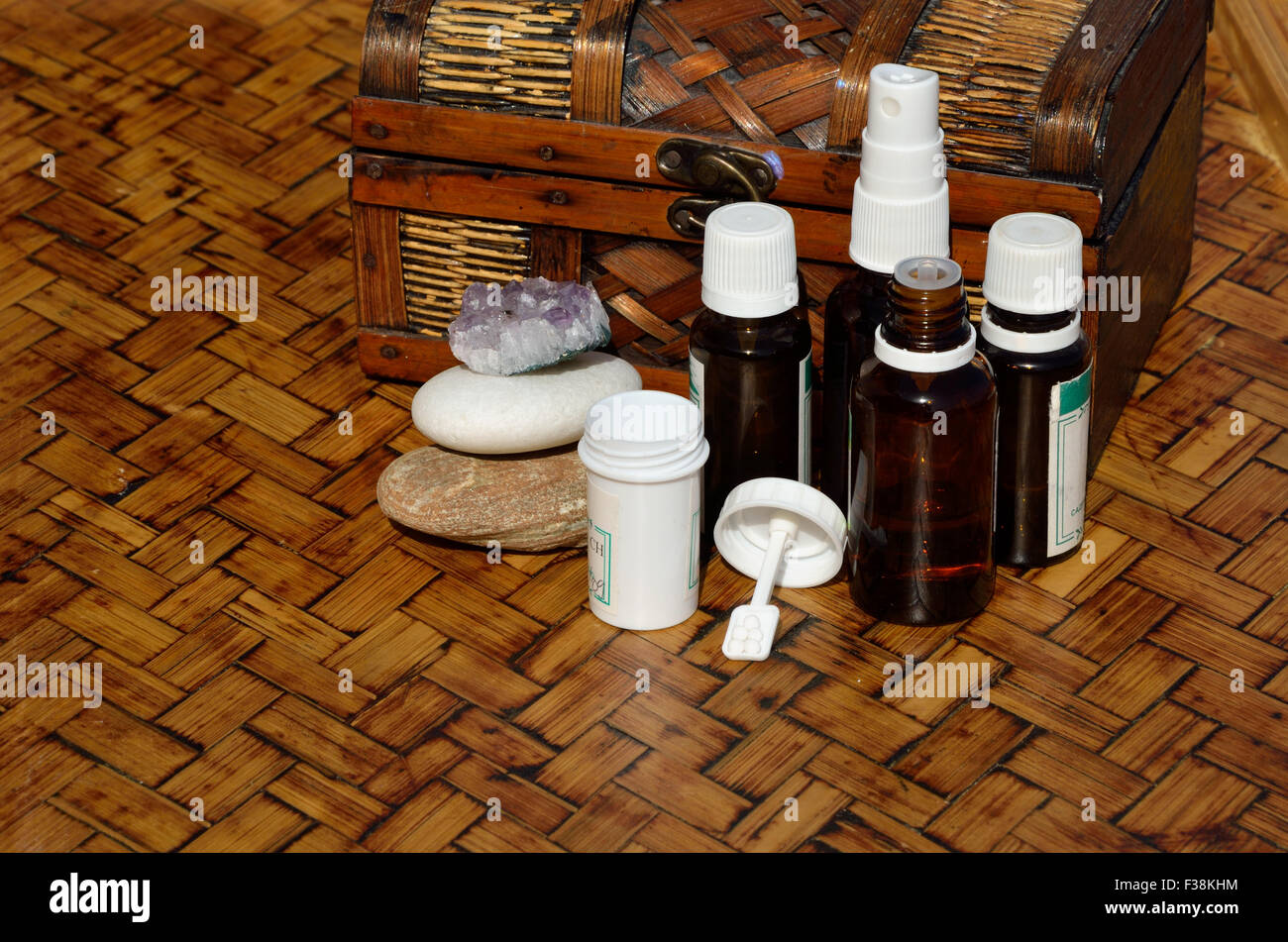 Chest, bottles, containers of homeopathic remedies and stones Stock ...