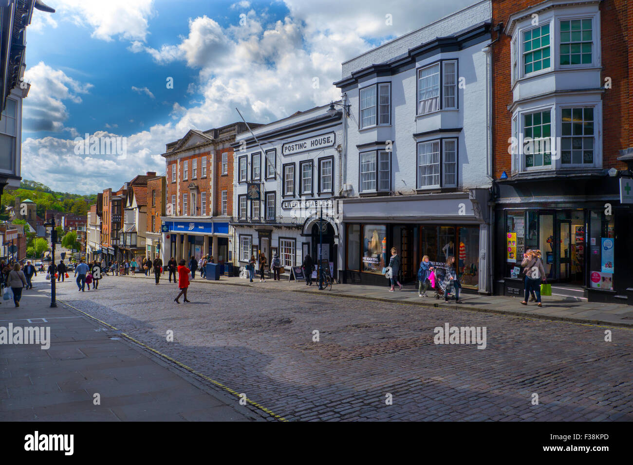 A view taken in 2015 of the famous cobbled High Street in Guildford ...
