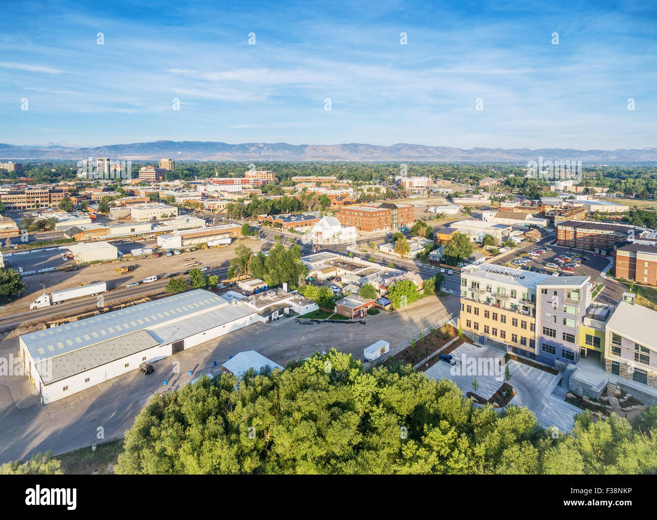aerial view of Fort Collins downtown with Front Range of Rocky ...