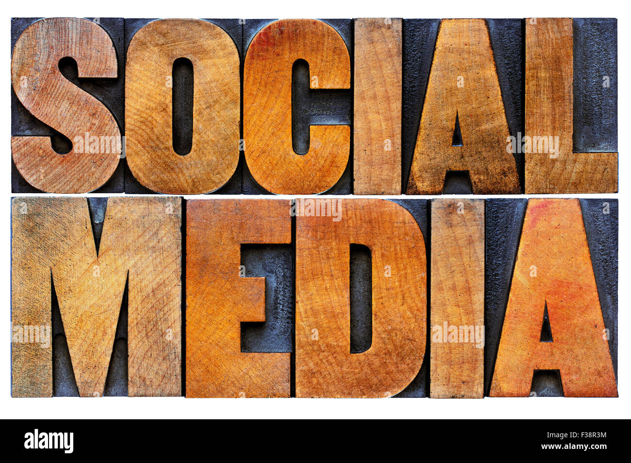 social media word abstract - isolated text in antique wood letterpress ...