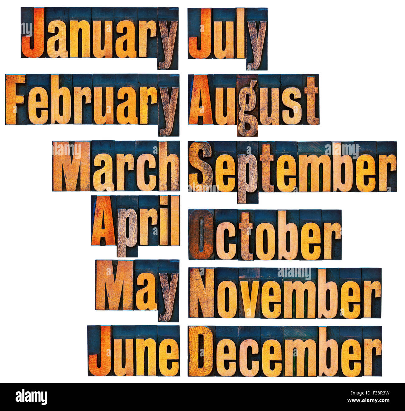 12 months from January to December - a set of isolated words in vintage ...