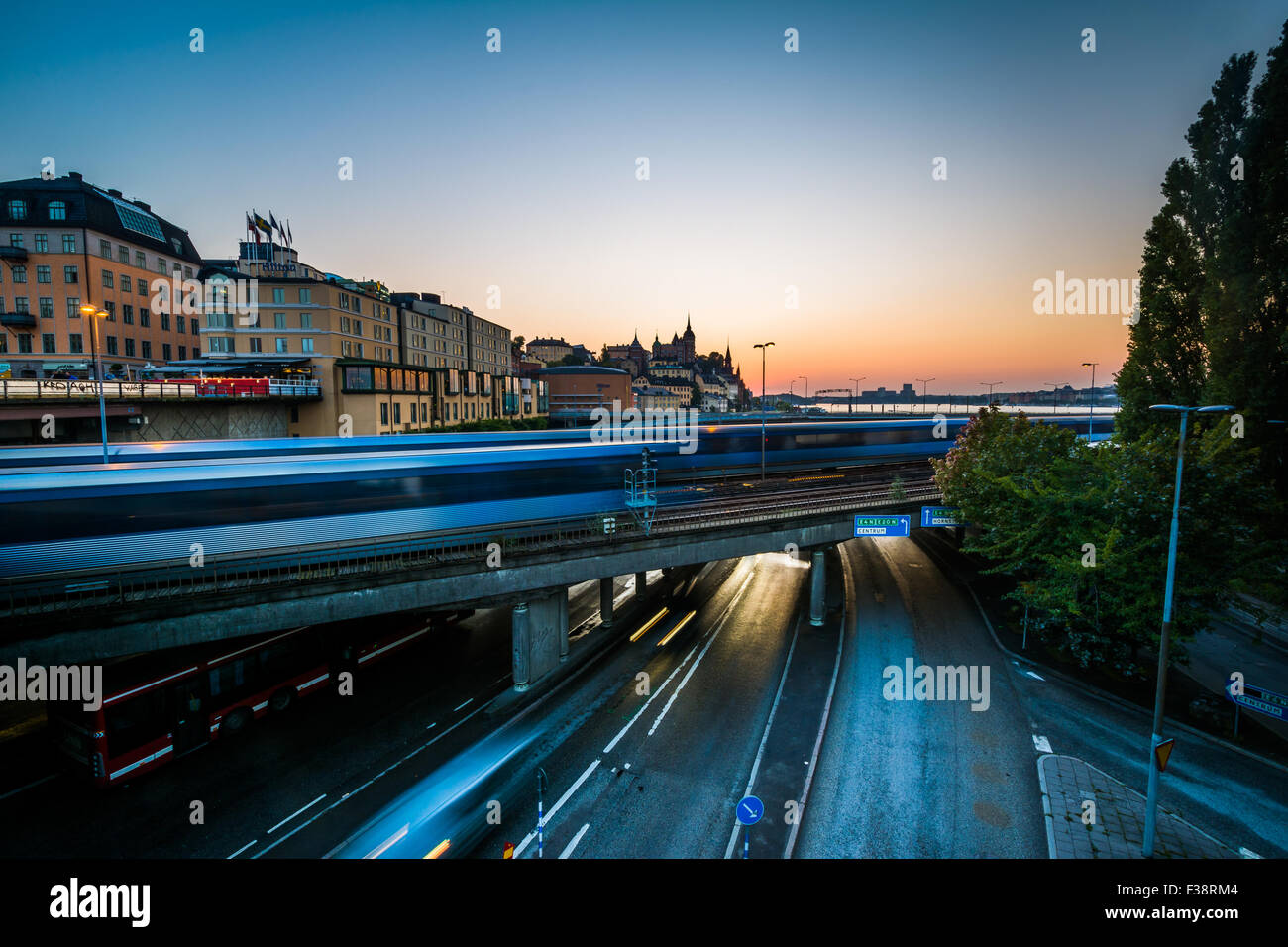 View of Tunnelbana tracks at sunset, in Slussen, Södermalm, Stockholm ...