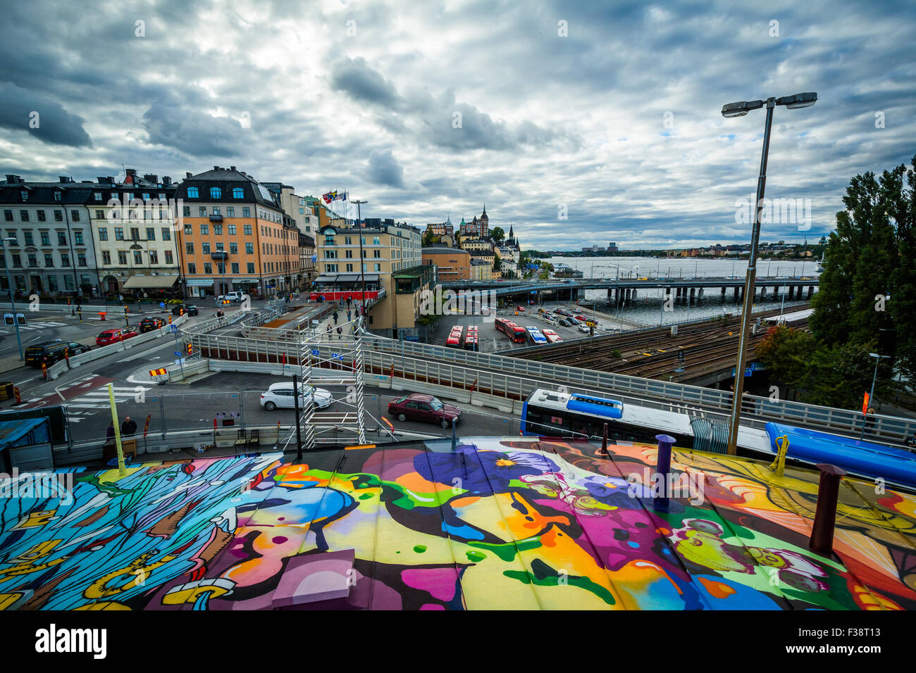 View of Slussen and graffiti on a building in, Södermalm, Stockholm ...