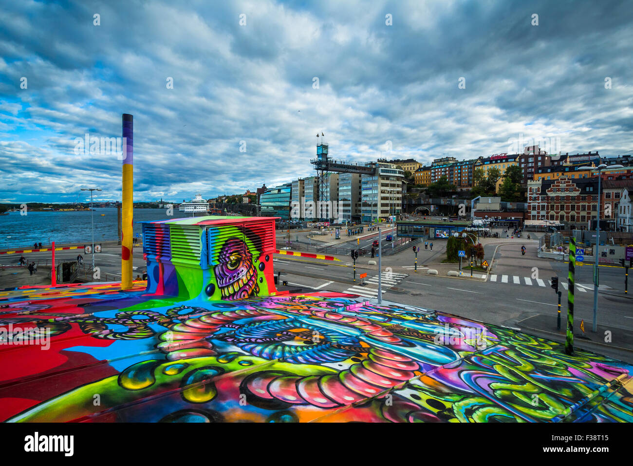 View of Slussen and graffiti on a building in, Södermalm, Stockholm ...