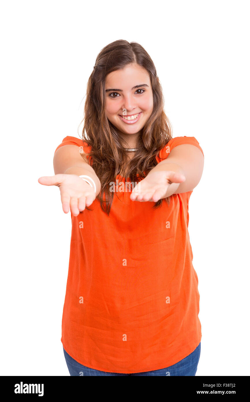 Young woman offering something, isolated over white Stock Photo - Alamy