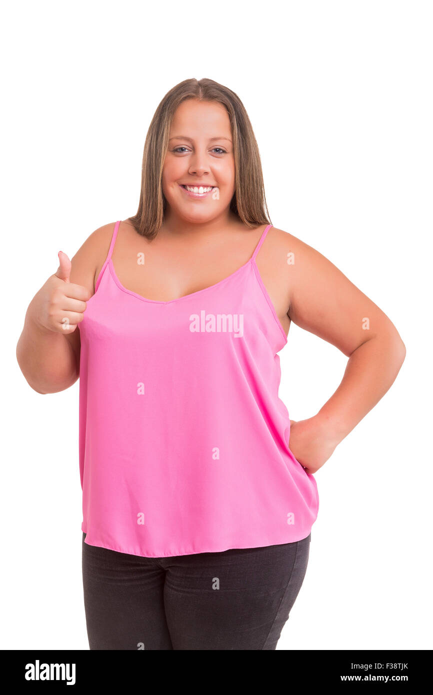 Happy overweighted woman posing isolated over white background Stock ...