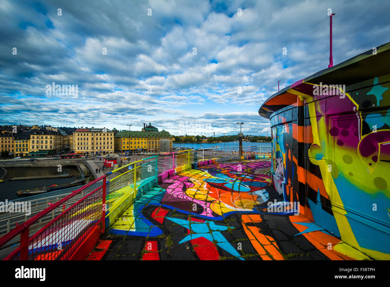 Graffiti on a building and view of Galma Stan, in Slussen, Södermalm ...