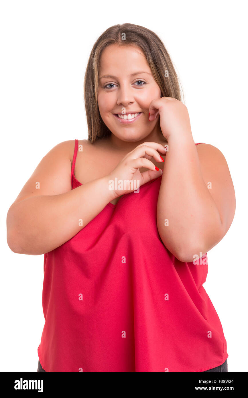 Happy overweighted woman posing isolated over white background Stock ...