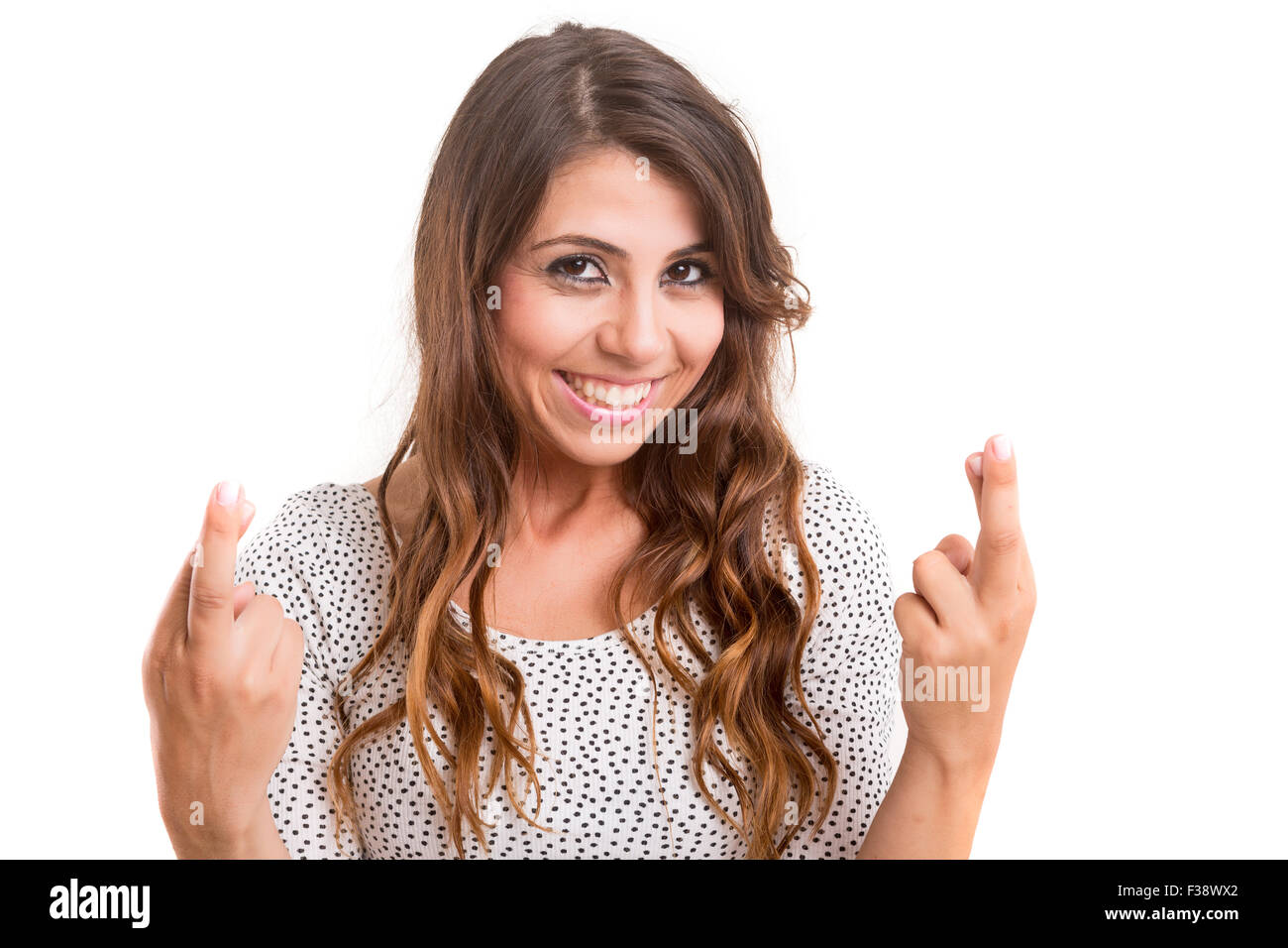 woman with crossed fingers, isolated over a white background Stock ...