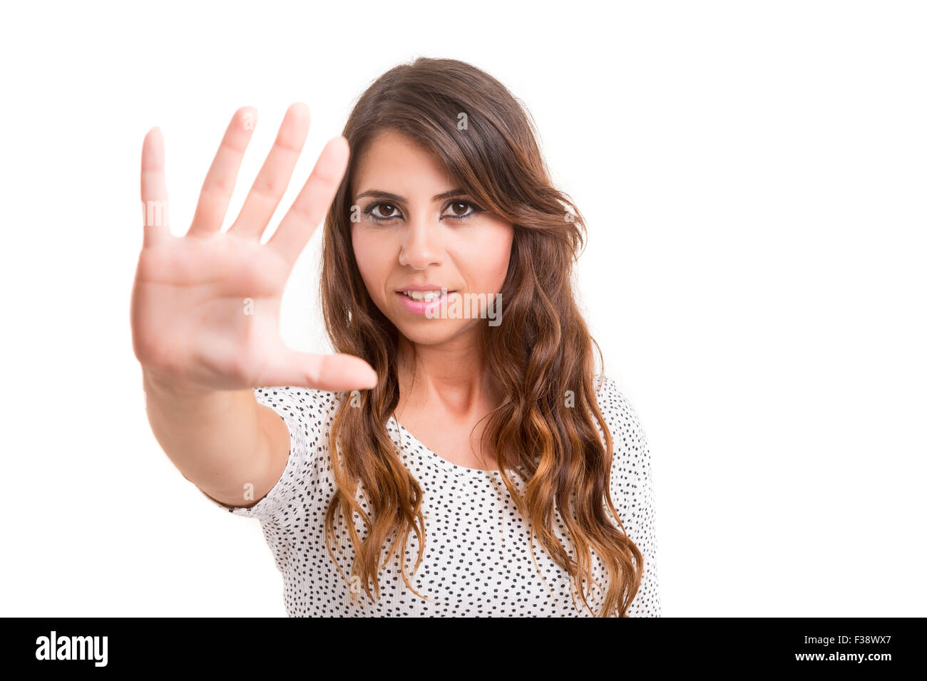 Business woman making stop sign - isolated over white Stock Photo - Alamy
