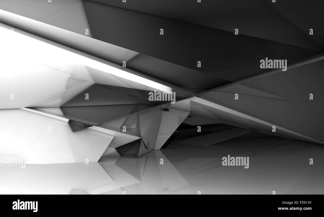 Abstract empty room interior with shining chaotic polygonal crystal ...