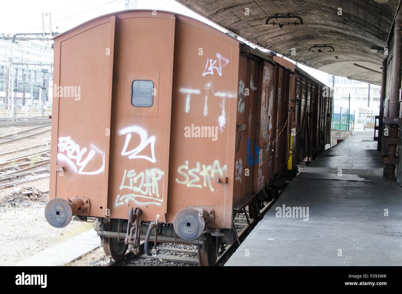 Old abandoned colorful train retro and vintage Stock Photo - Alamy