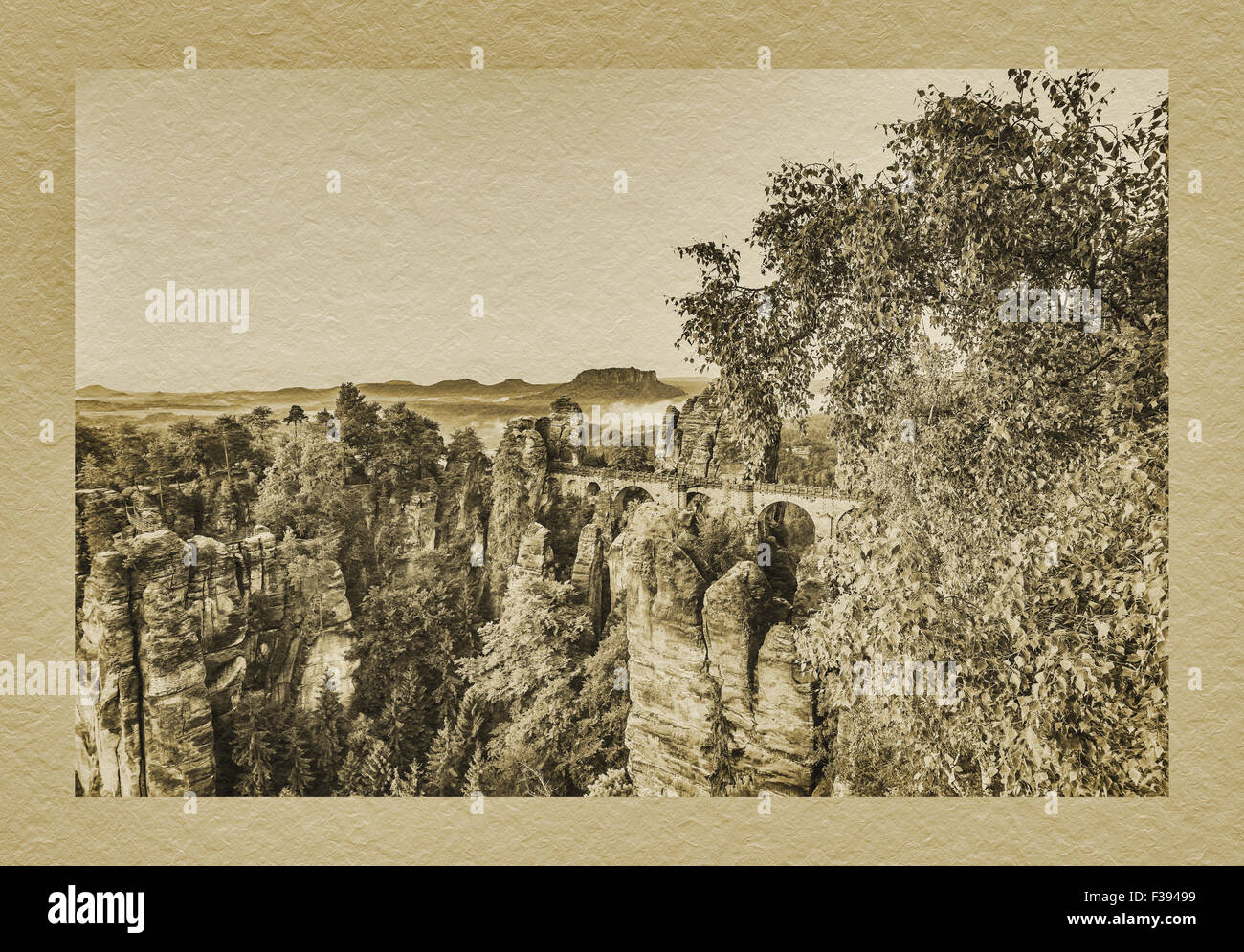 Spectacular rock formation Bastei (Bastion) and Bastei Bridge, most ...