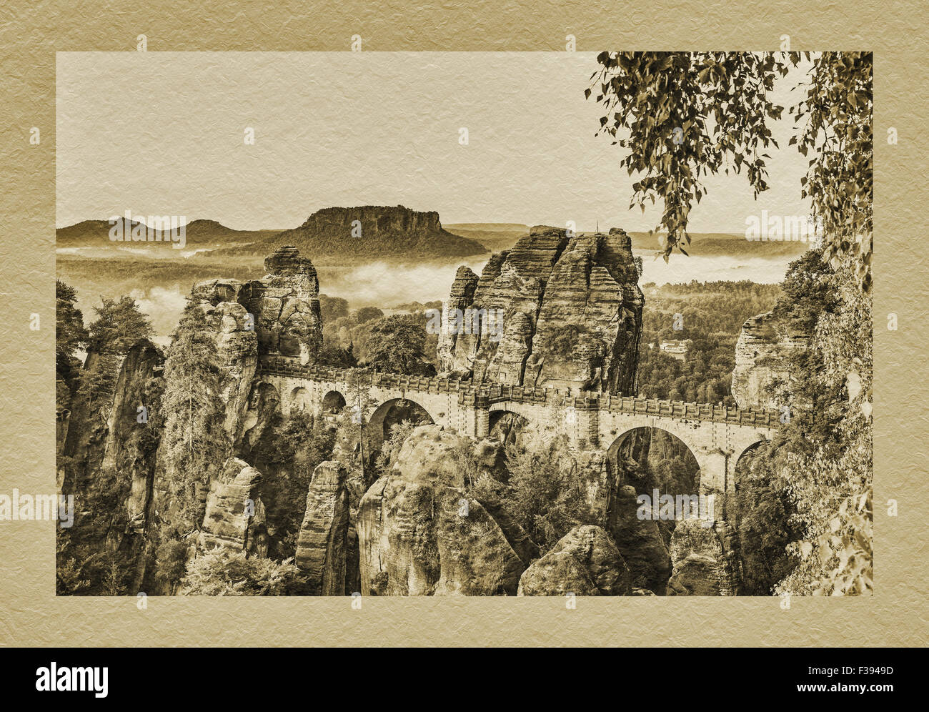 Spectacular rock formation Bastei (Bastion) and Bastei Bridge, most ...