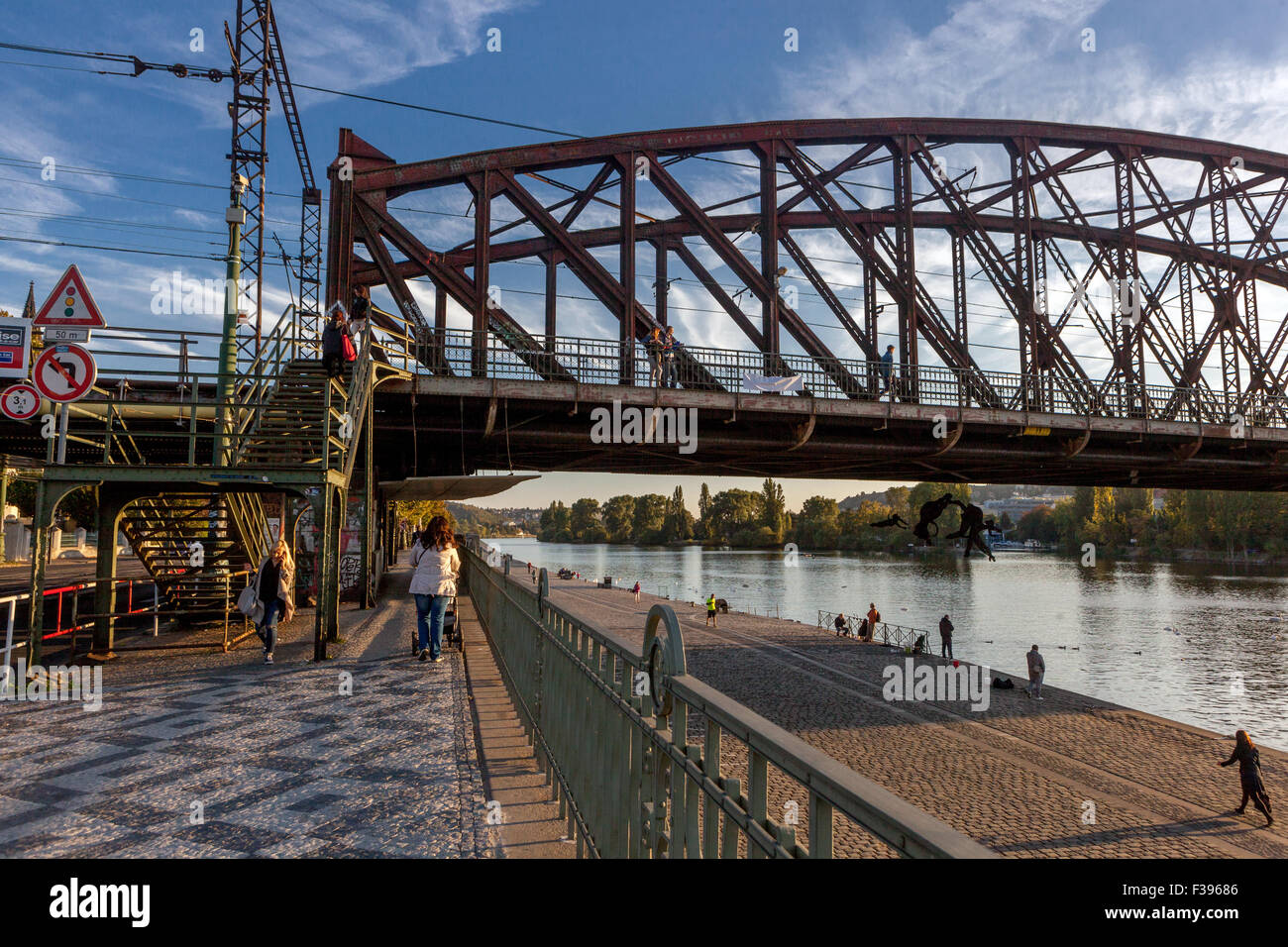 The Vltava River, a railway iron bridge, Nove Mesto, Prague, Czech ...
