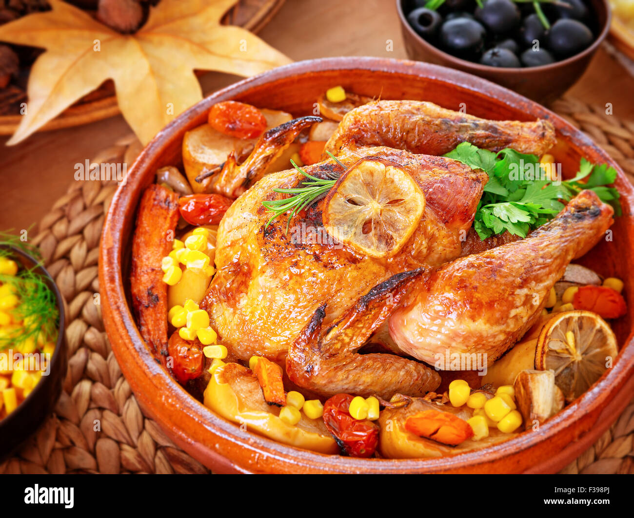 Beautiful festive food still life, tasty crispy chicken with baked ...