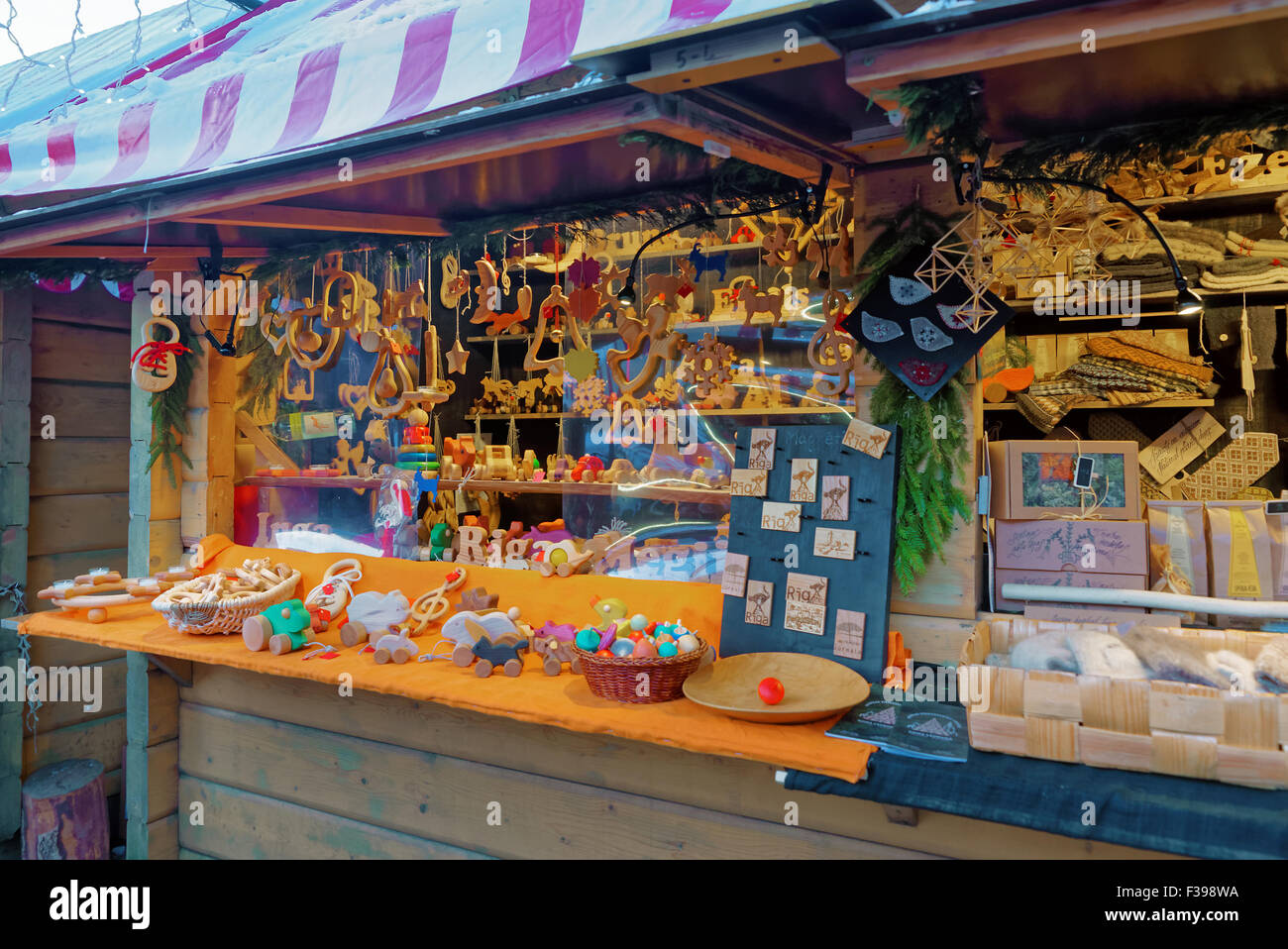Traditional European Christmas Market stall full of natural wooden ...