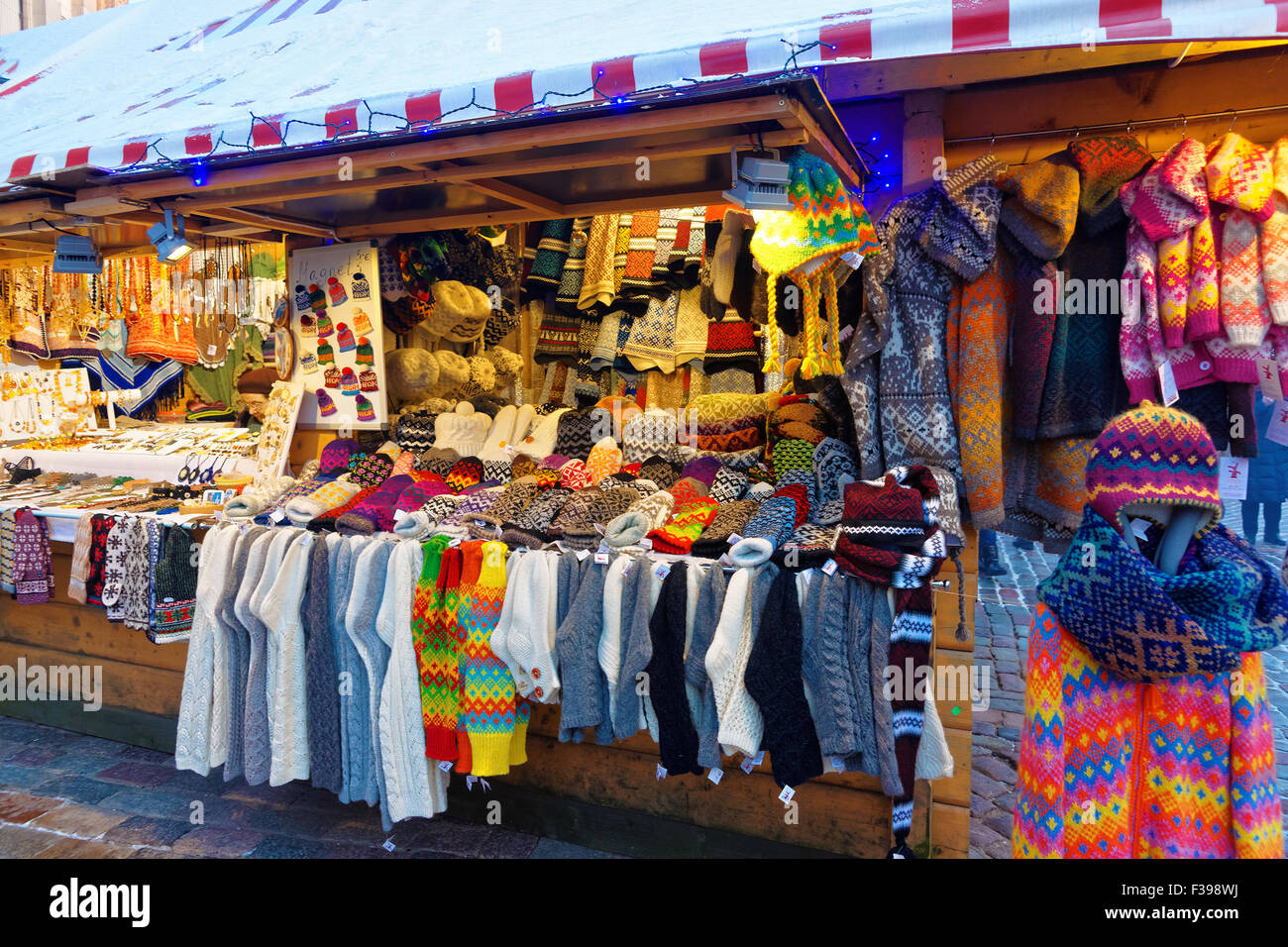 Knitted goods displayed on a Christmas market stall for sale. Old Town ...