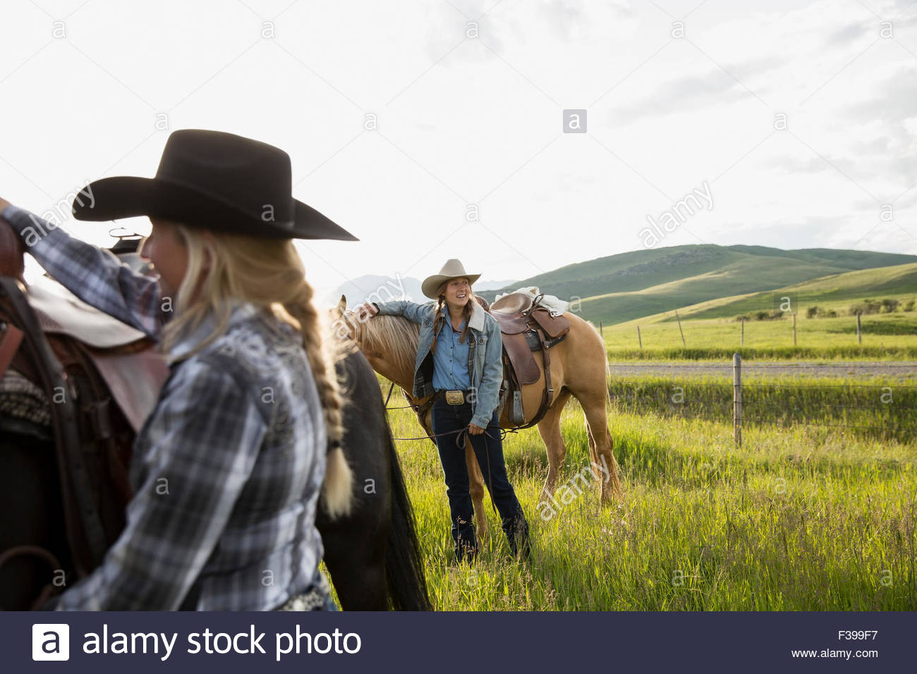 Female ranchers with horses in rural field Stock Photo - Alamy